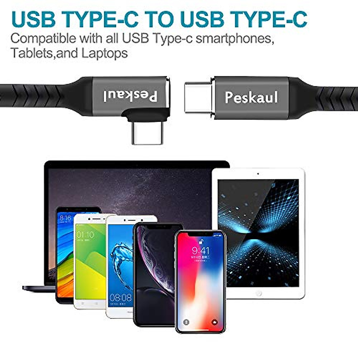 Peskaul Type C to Type C Cable 10ft 90 Degree 20V 5A 100W PD Fast Charge USB C to USB C Cable 100W Compatible with Samsung Galaxy Note 10 S9 S8, MacBook Air, iPad Pro 2018, Nintendo Switch