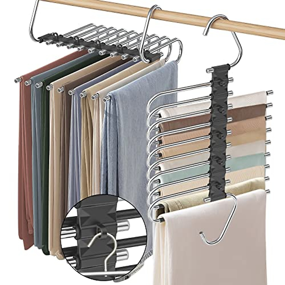 Upgrade 9 Layers Pants Hangers Space Saving, 2 Pack Non Slip Stainless Steel Multifunctional Pants Rack Closet Pant Hanger Organizer with Hooks for Pants Jeans Trousers Dorm Room Essentials, Black