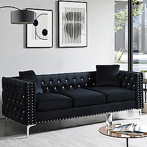 Velvet Sofa for Living Room,82.3" Jeweled Buttons Tufted Square Arm Couch,Modern Couch Upholstered Button and Metal Legs,Sofa Couch with 2 Pillows for Bedroom (Black+Velvet, 82.3 L*32.3 W*29.1 H)