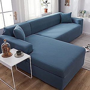 IMYOGI High Stretch Sofa Covers High Stretch Couch Covers L Shape Soft Durable Sofa Slipcovers Solid Color Sectional Machine Washable Furniture Protector for Kids & Pets -Blue-4 Seater+4 Seater