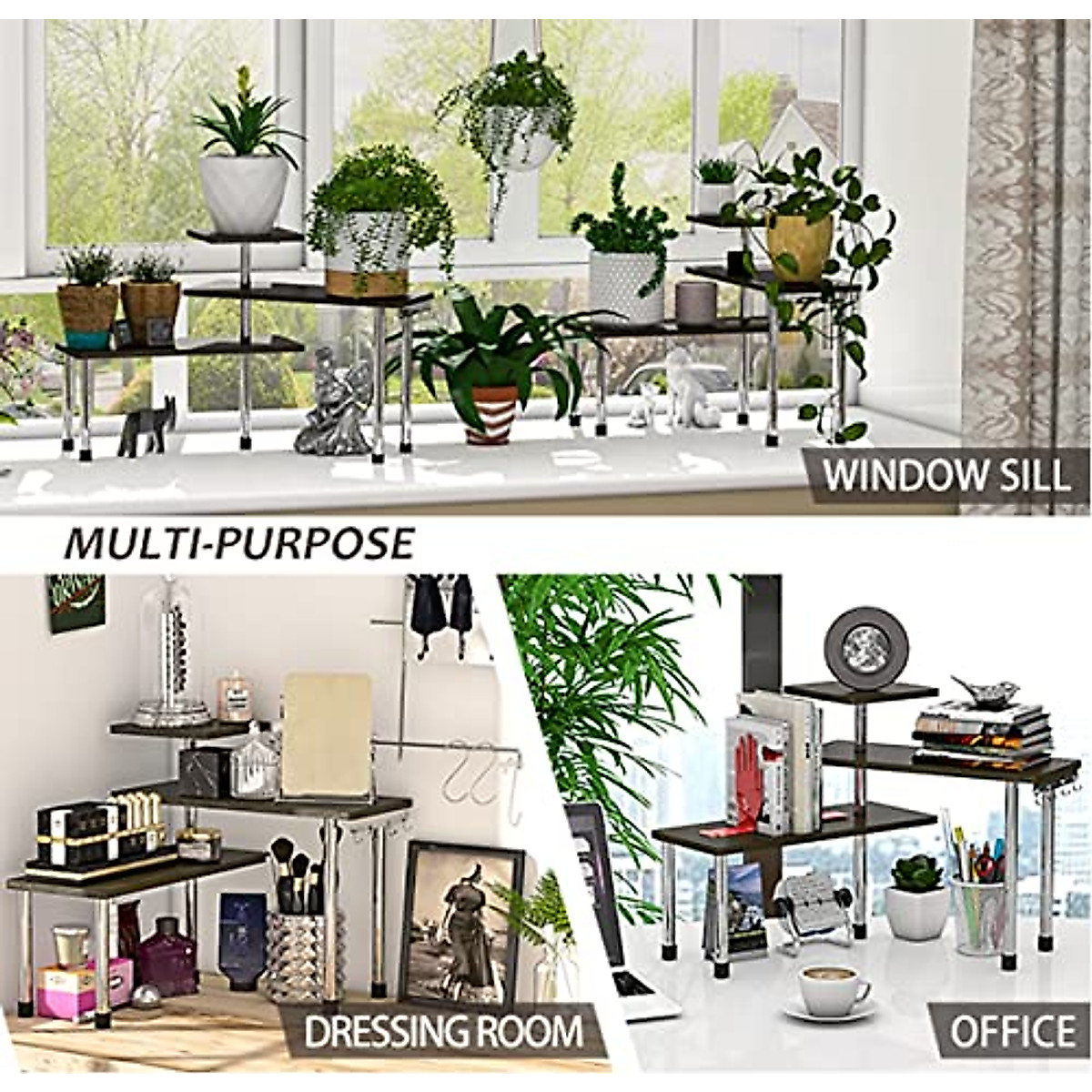 Venloup Upgraded 3 Tier Corner Shelf, Adjustable Bamboo Storage Spice Rack with Hooks, Freestanding Space Saving Counter Display Shelf for Kitchen, Office and Bedroom （Black