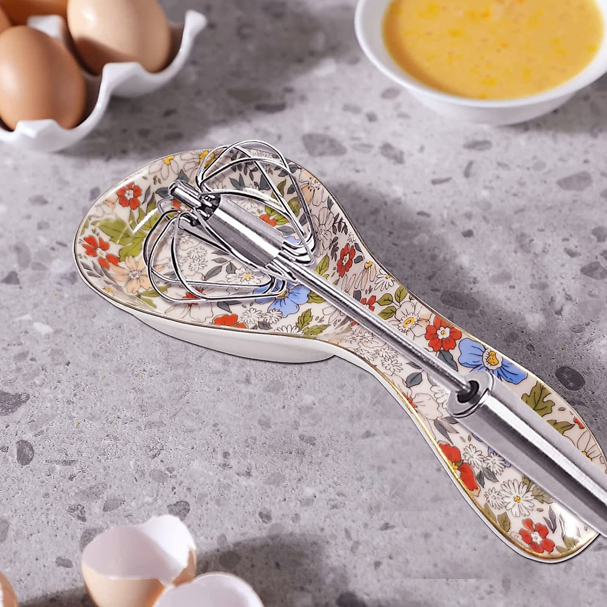 LEAZUL Ceramic Spoon Rest for Stove Top Large Spoon Holder Farmhouse Spoon Rest for Kitchen Counter Floral Coffee Spoon Rest Flowers Print Cooking Utensil Tools Rest Modern Farmhouse Kitchen Decor