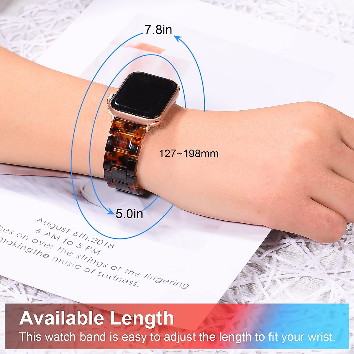 Wongeto Resin Strap Compatible with iWatch Band 38mm 40mm 41mm Apple Watch SE Series 8/7/6/5/4/3/2/1 Women Girl Men,Light Resin Waterproof Strap(Rose Gold+Tortoise 38/40/41mm)