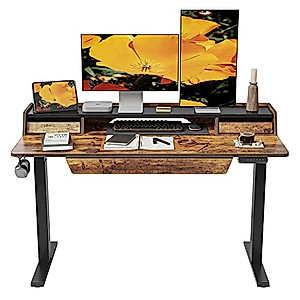 FEZIBO Electric Standing Desk, 55 x 24 Inches Height Adjustable Table, Ergonomic Home Office Furniture with 3 Drawers, Black Frame/Rustic Brown Top
