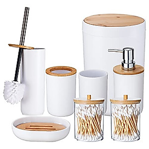 iMucci Bathroom Accessories Set with Trash Can,Toilet Brush,Toothbrush Holder, Lotion Soap Dispenser, Soap Dish,Toothbrush Cup,Qtip Holder(8Pcs White Bamboo Cover)