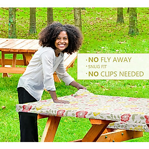 LINPRO 6ft Fitted Picnic Table Cover with Bench Covers. Vinyl Outdoor Camping Picnic Tablecloth, 3 Piece Set Camping Gear. Waterproof, Stain Resistant, Reusable. Flannel Backing with Elastic Edges.72