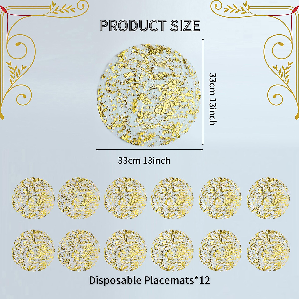 Snowkingdom Disposable Gold Placemats Set of 12 Metallic Round 13 Inch Gold Foil Mesh Pressed Fall Table Mates 12 Pack Gold Doilies for Dining Table Wedding Birthday Party Holiday Home Decoration