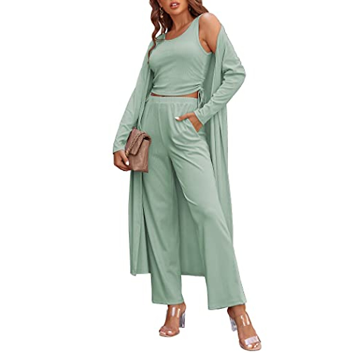 Ekouaer Women's 3 Piece Knit Lounge Set Sweatsuit Light Green