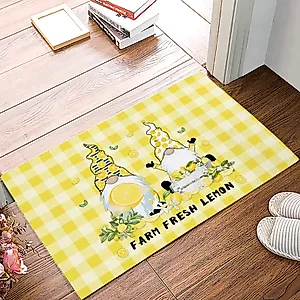 Door Mat for Bedroom Decor, Gnome Summer Fruit Lemon Yellow Buffalo Plaid Floor Mats, Holiday Rugs for Living Room, Absorbent Non-Slip Bathroom Rugs Home Decor Kitchen Mat Area Rug 18x30 Inch