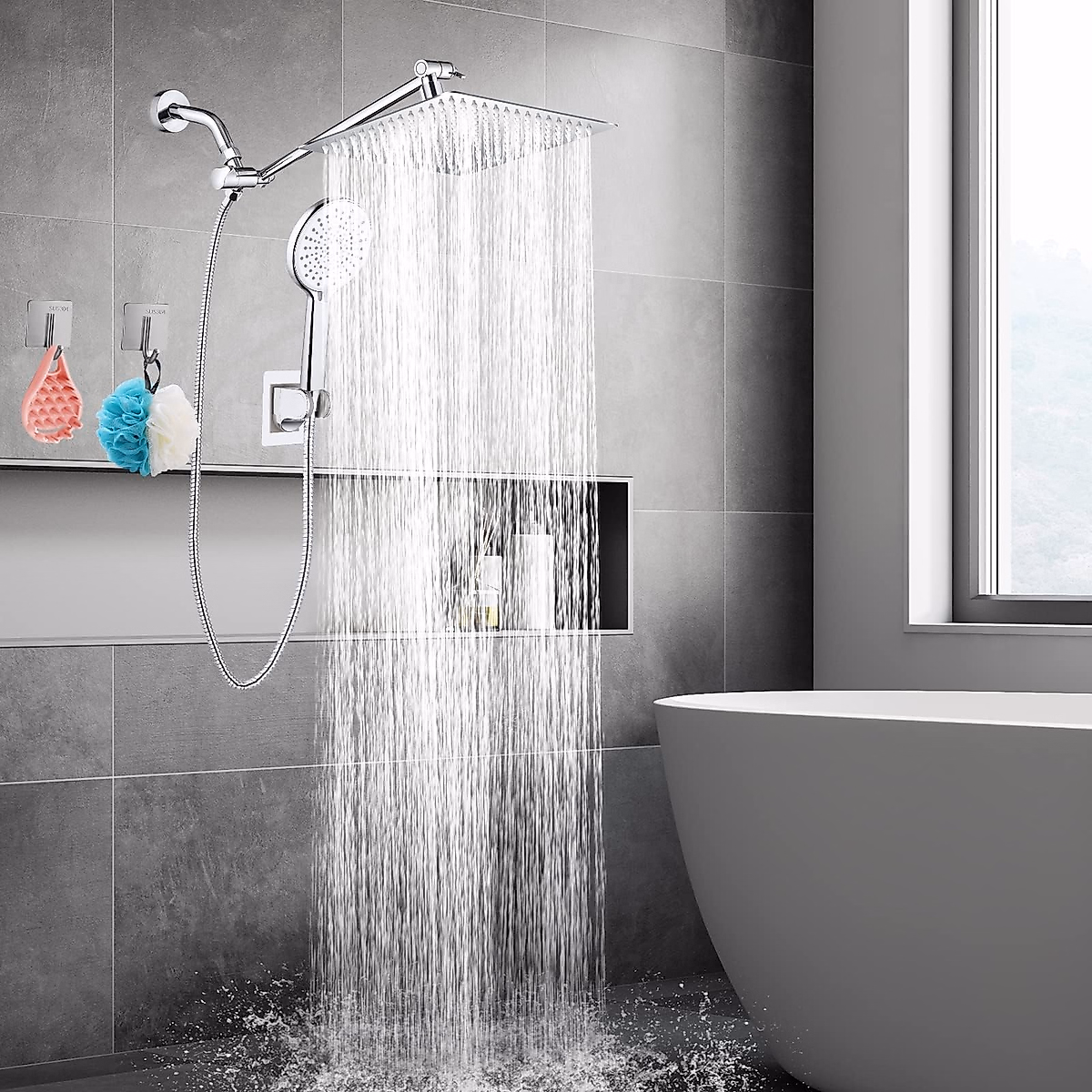 Luxsego 10-Inch Ultra-Thin Stainless Steel Rainfall Showerhead with 3-Way Diverter, Handheld Shower, and Adjustable Extension Arm