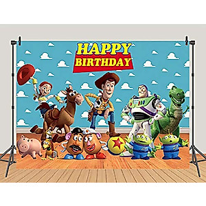 Cartoon Toy Story Birthday Party Theme Photography Backdrops Blue Sky White Clouds Banner Kids Birthday Party Photo Background Cake Table Decoration Supplies Studio Booth Props 5x3ft Vinyl