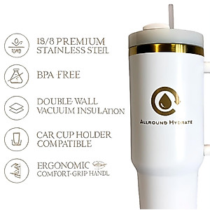 Allround Hydrate Luxury Gold plated 40oz Insulated Tumbler with Gripped Handle and straw