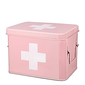 Flexzion First Aid Box Organizer, Empty 8.5 Inch Pink Vintage First Aid Kit Tin Metal Medical Box First Aid Storage Box Container Bins with Dividers, Removable Tray and Cross Logo