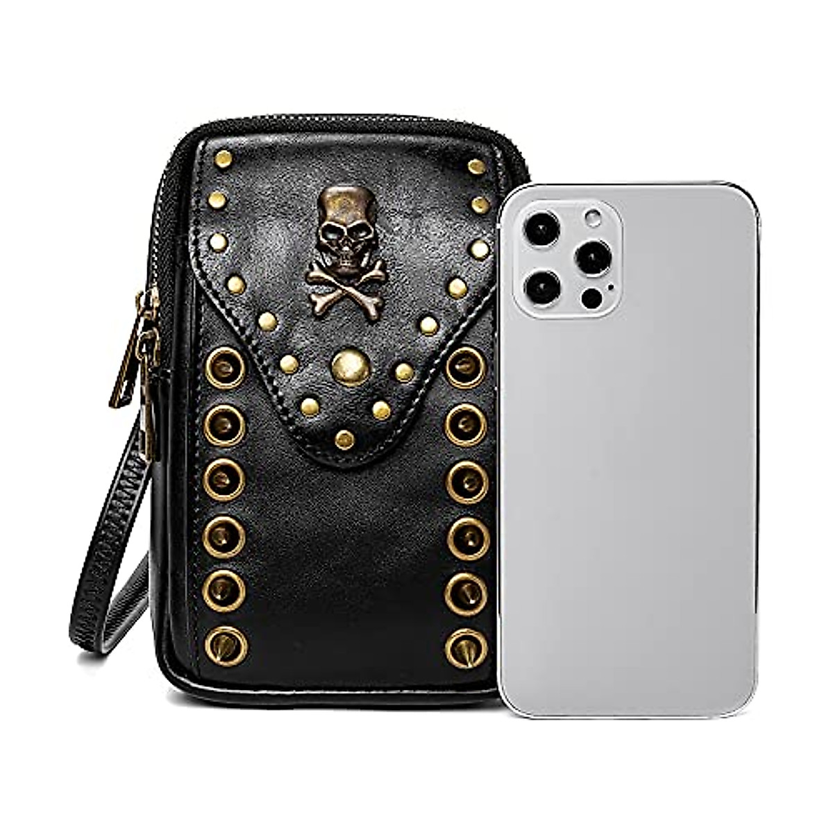 nice--buy Punk Gothic Skull Carry Purse Women Handbag Single Shoulder Waist Bag Cell phone Wallet Steampunk Retro Women Travel Purse Motorcycle Bag Stud Rivet Fashion, Black, Small