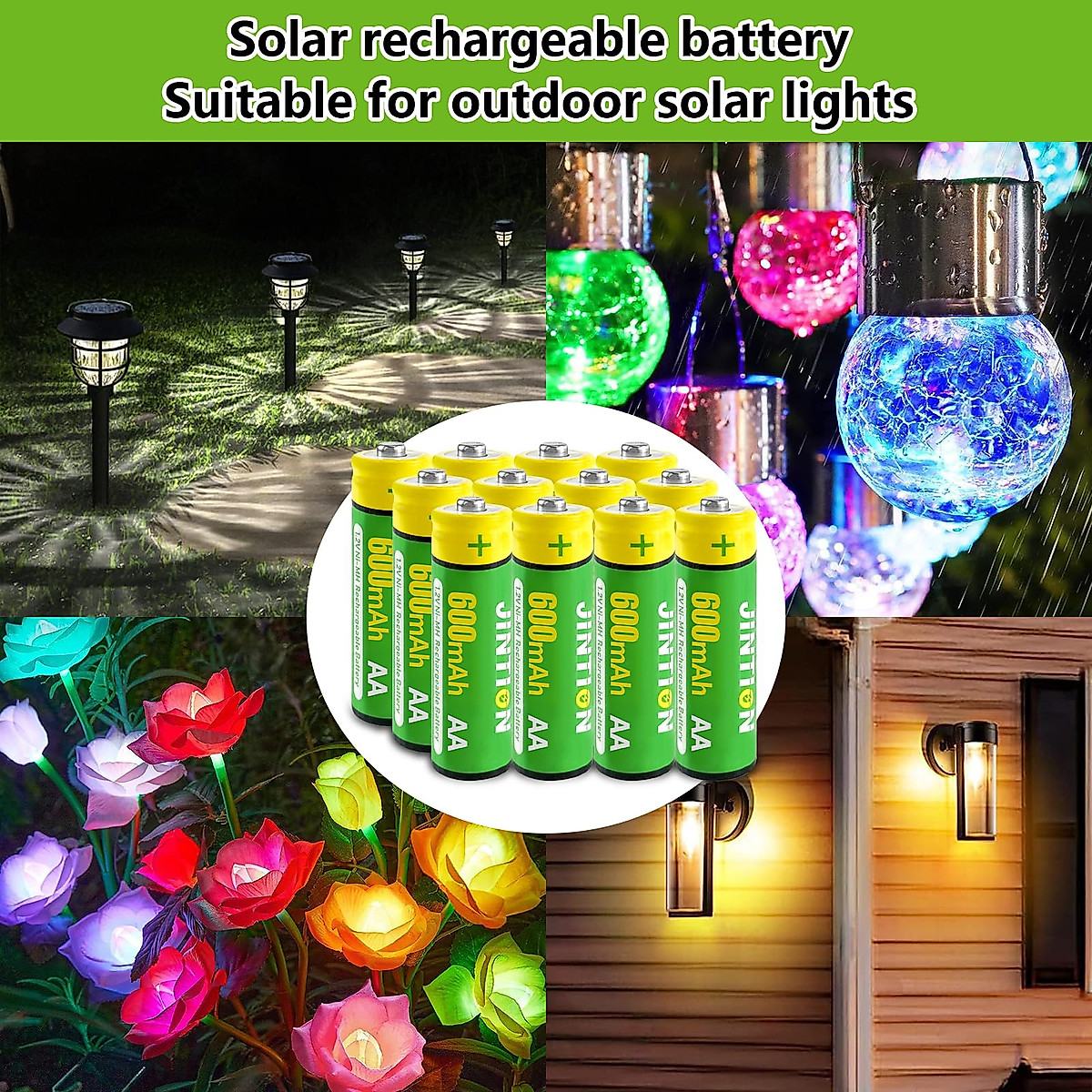 JINTION AA Rechargeable Batteries 600mah High Capacity 1.2V Ni-MH Double a Battery for Outdoor Solar Lights, String Lights, TV Remotes, Wireless Mouses, Flashlight