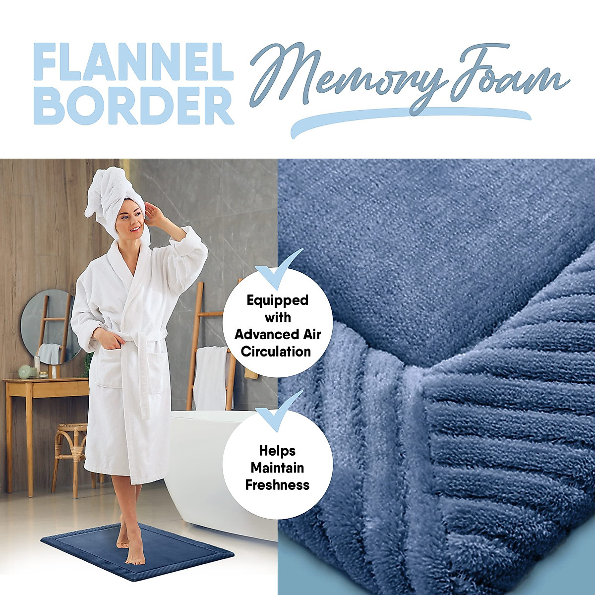 MICRODRY Habitude Flannel Bath Mats for Bathroom, Bordered Memory Foam Bathroom Mats, Skid Resistant Bathroom Rugs with Advanced Air Circulation for Fast Drying, 16 x 24 Inches, Blue