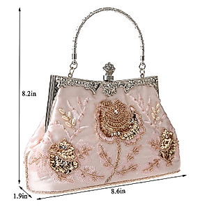 Womens Vintage Floral Beaded Rhinestone Embroidery Clutch Sequin Crossbody Bag Evening Handbag for Bridal Wedding Party Prom