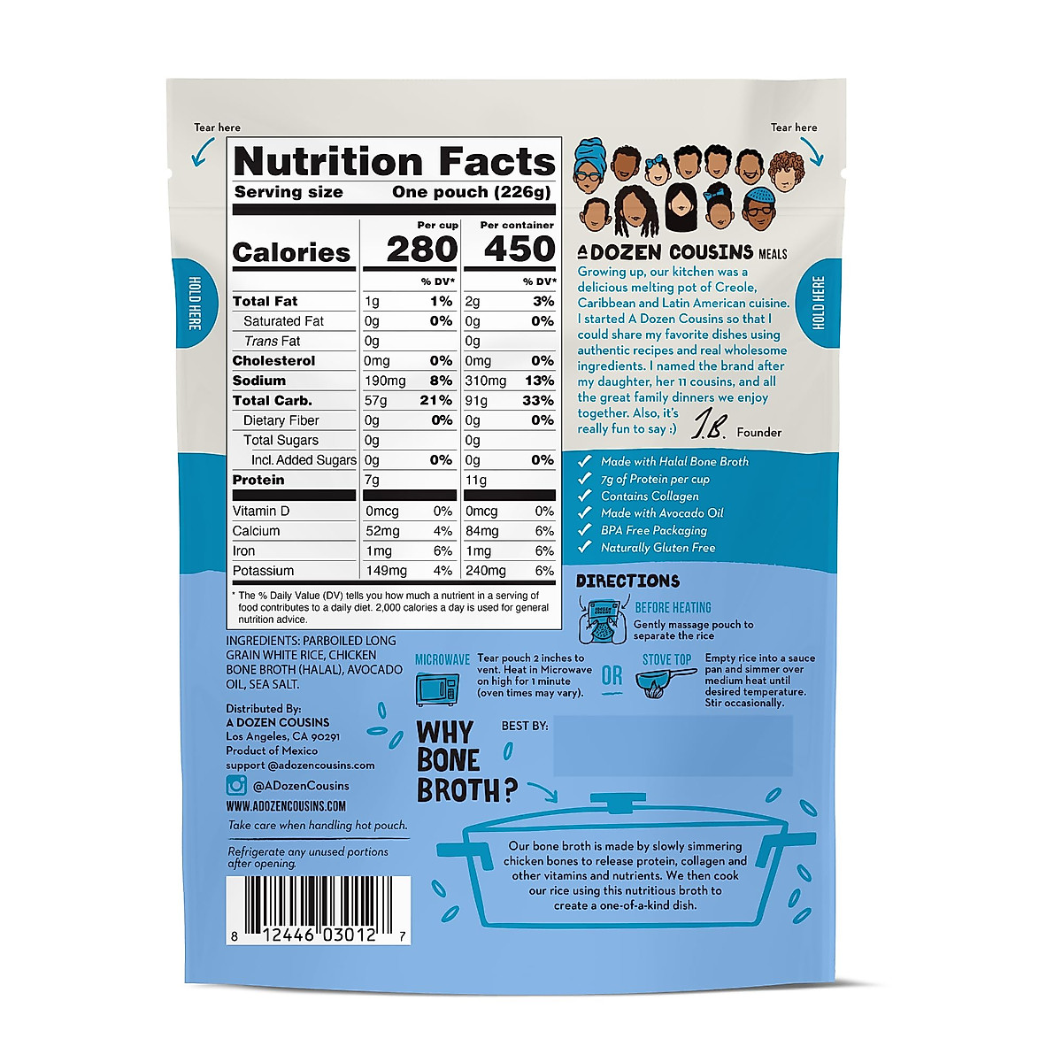 A Dozen Cousins Rice Cooked in Bone Broth Microwaveable Rice Packets | 7g Protein | Contains Collagen (Sea Salt, 8 Pack)