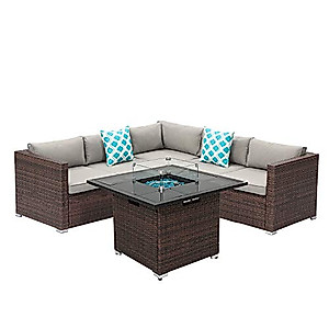 SUNBURY Outdoor Patio Furniture 4-Piece Wicker Sectional Sofa w 36-inch Square Propane Fire Pit Fire Pit Table(40,000 BTU),Internal Tank Storage,Glass Wind Guard