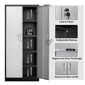 Metal Storage Cabinet, 71" Locking Cabinet with 4 Adjustable Shelves, Large Steel Storage Cabinets for Garage, Home Office, Pantry -Black&Silver Doors