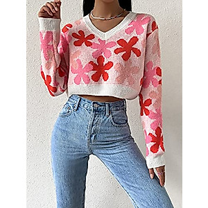 Floerns Women's Casual Rib Knit Long Sleeve V Neck Floral Pattern Drop Shoulder Crop Sweater Top Pink S