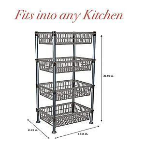 Kitchen Details 4 Tier Slim Basket Shelf Rack | Storage & Organizer | Kitchen | Bathroom | Laundry Room | Office | Good for Food and Kitchen Supplies | Smoke Grey