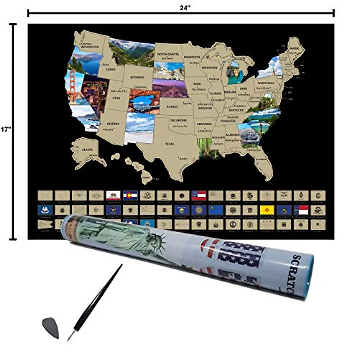 Scratch off Map United States of America Travel Poster 17 x 24 Wall Art Decor Photos of National Parks and other Iconic locations Includes State Flags Scratch Pen Guitar Pick and Gift Tube