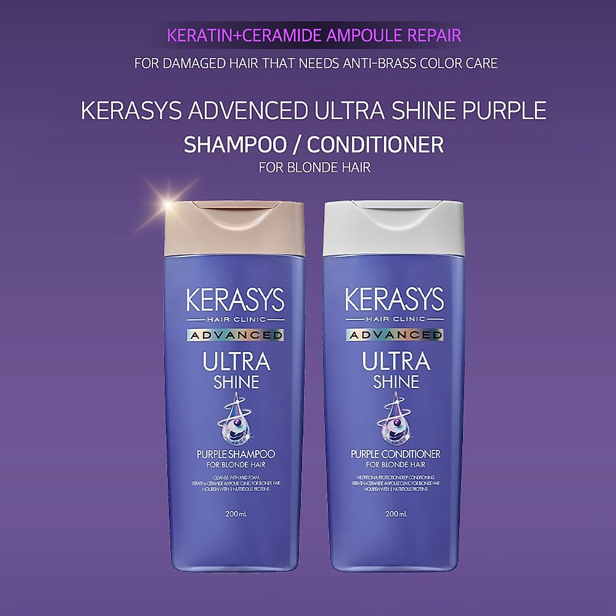 Kerasys Advanced Keratin Ceramide Ampoule Clinic for Blonde Hair Ultra Shine Purple 6.7 fl oz / 200 ml (Shampoo + Conditioner Set)