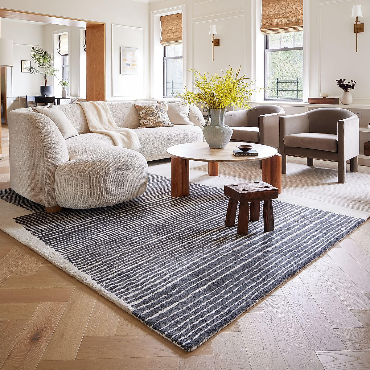 Anthrofy Modern Stripes Area Rug – 5’ x 8' – Handmade Wool Area Rugs –Ivory – Rugs for Living Room, Bedroom – Anti-Skid – Carpets with Non-Slip Natural Backing with 100% Cotton