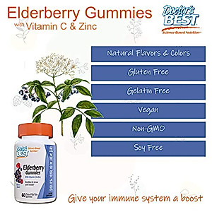 Doctor's Best Elderberry Gummies with Vitamin C & Zinc, 60 Ct, Chewable Immune Support, Antioxidant Herbal Supplement, Non-GMO, Vegan (Packaging May Vary)