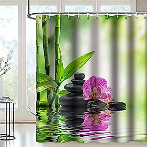 Yeele Meditation Shower Curtain, Purple Flower on Black Basalt Zen Stones Spa Bamboo Reflection in Water Waterproof Polyester Spa Bath Curtain for Bathroom Decor 59.1x70.9inches