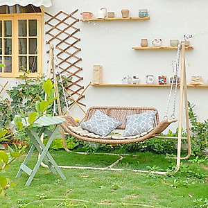 PURPLE LEAF 2 Seat Cloud Swing Chair with Stand Patio Wicker Bench Glider Loveseat Hanging Swinging for Indoor Outside Backyard Garden Outdoor Hammock Porch Swing, Cushion and Pillows Included