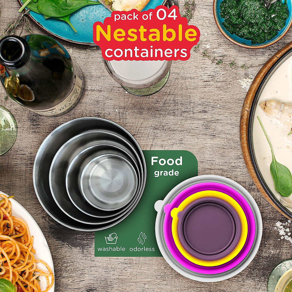 SIMPLY PEP Stainless Steel Container with lids Kids Lunch Containers - Set of 4 Stainless Steel Snack Containers Dip Containers For Lunches Metal Kids Lunch Box Container