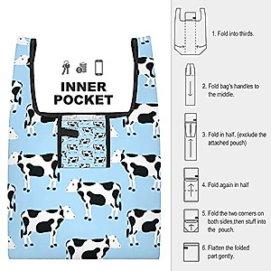 Cow Printed Reusable Grocery Bag with Handle Foldable Shopping Tote Bags Portable for Supermarket Camping