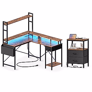 Huuger L Shaped Desk Computer Desk with LED Lights & Power Outlets Nightstand with Charging Station