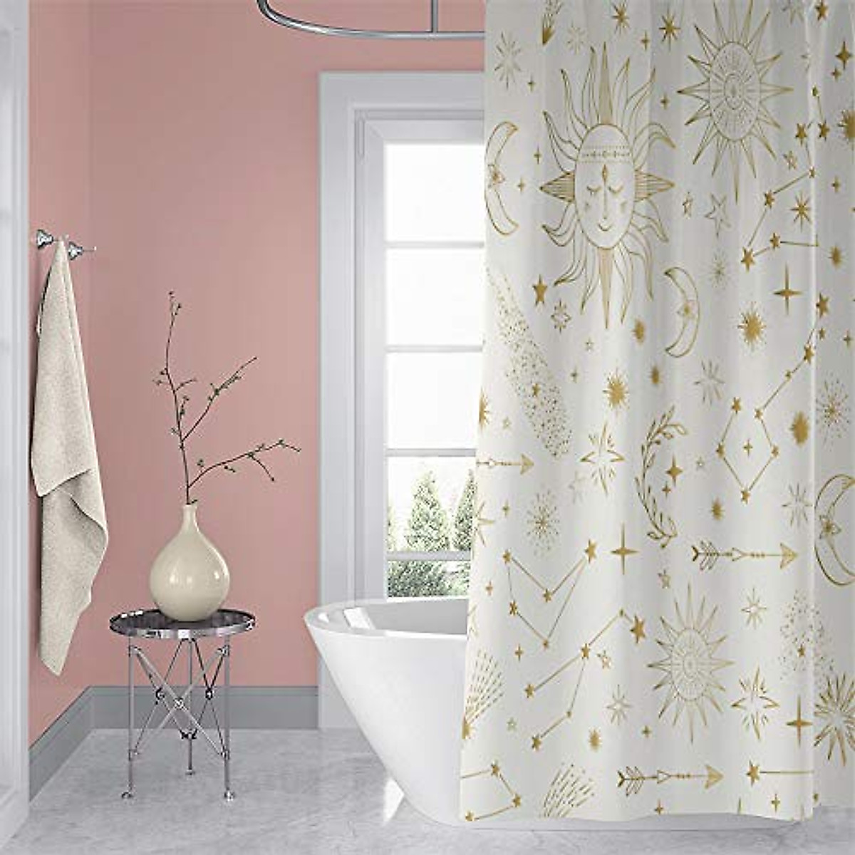 OERJU Boho Shower Curtain Sun Moon Stars Arrows Modern Fashion Art Gold Hand Drawing Chic Tribal Style Machine Washable Bohemian Bathroom Curtain Set with Hooks 72x96inch Waterproof Polyester