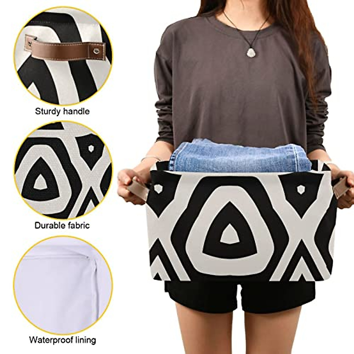 Large Foldable Storage Basket Bohemian Black Flower Storage Bin Canvas Toys Box Fabric Decorative Collapsible Organizer Bag with Handles for Bedroom Home