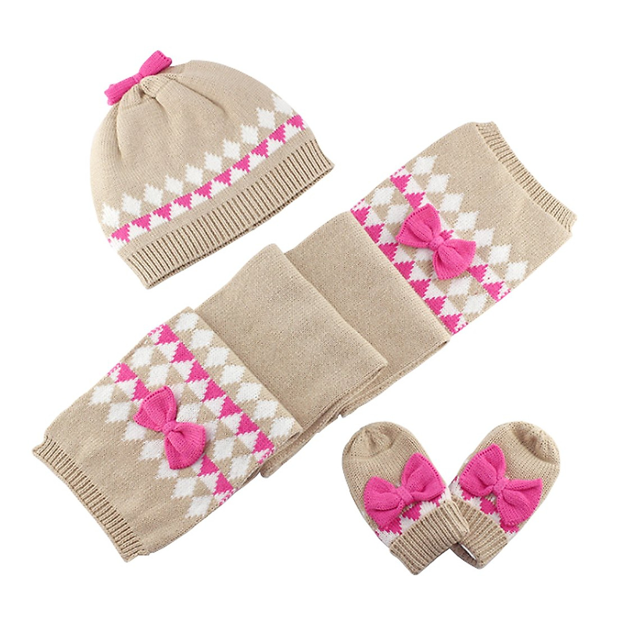 Ding Dong Baby Kid Girl Winter Knitted Bowknot Hat+Scarf+Gloves 3 Pieces Set(6-12M) Khaki