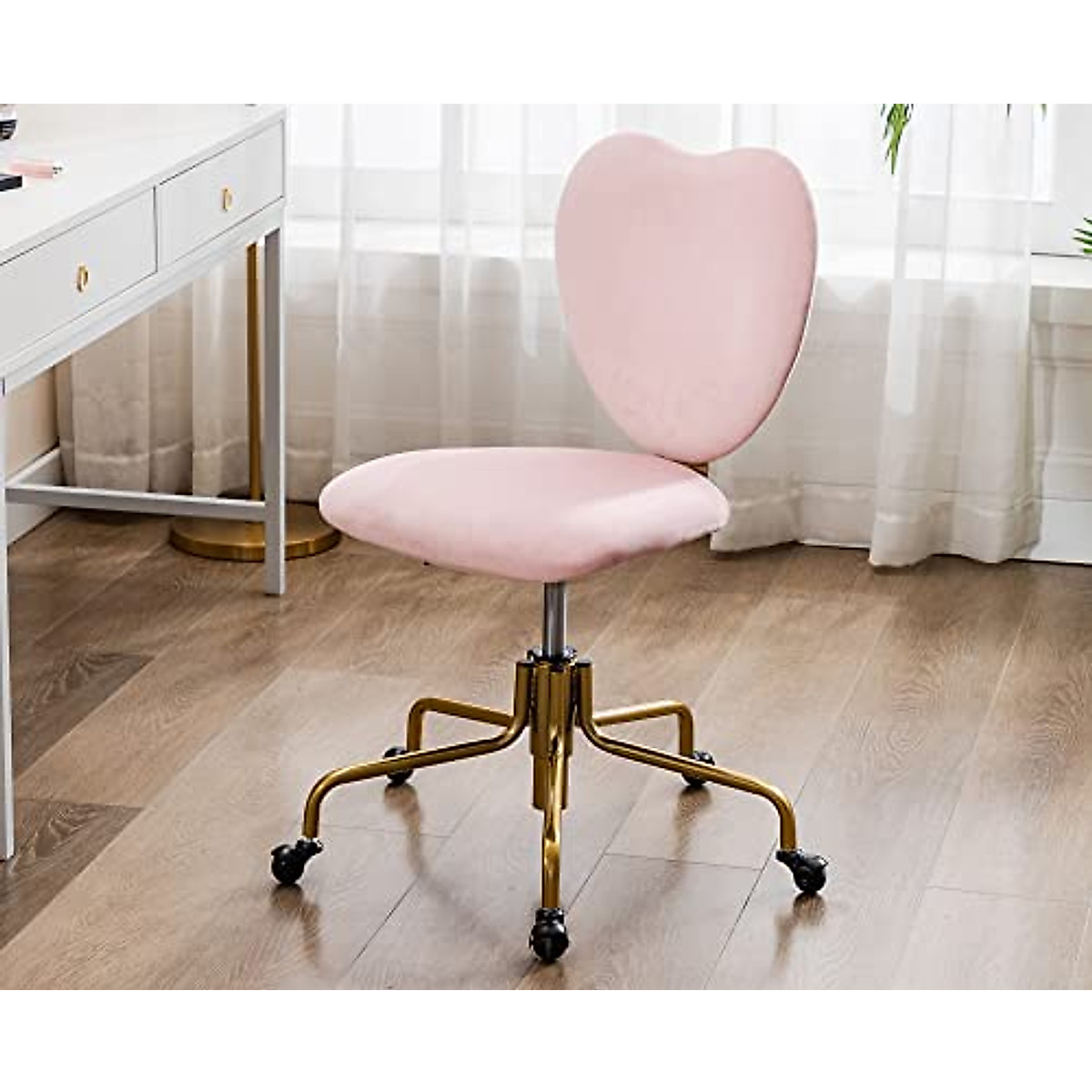 VESCASA Adjustable Swivel Home Office Desk Chair with Cute Heart Shape Design Back, Comfy Velvet Task Chair with Wheels, Small Computer Chair Without Arms for Girls Bedroom/Living Room, Light Pink