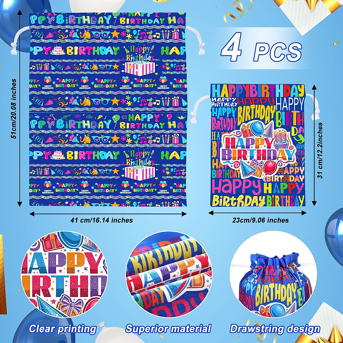 Chapou 4 Pcs Large Blue Happy Birthday Drawstring Gift Bags Reusable Fabric Wrap Bags 20 Inch Large 12 Inch Medium Birthday Treat Bags for Birthday Baby Shower Child's Gender Reveal Party