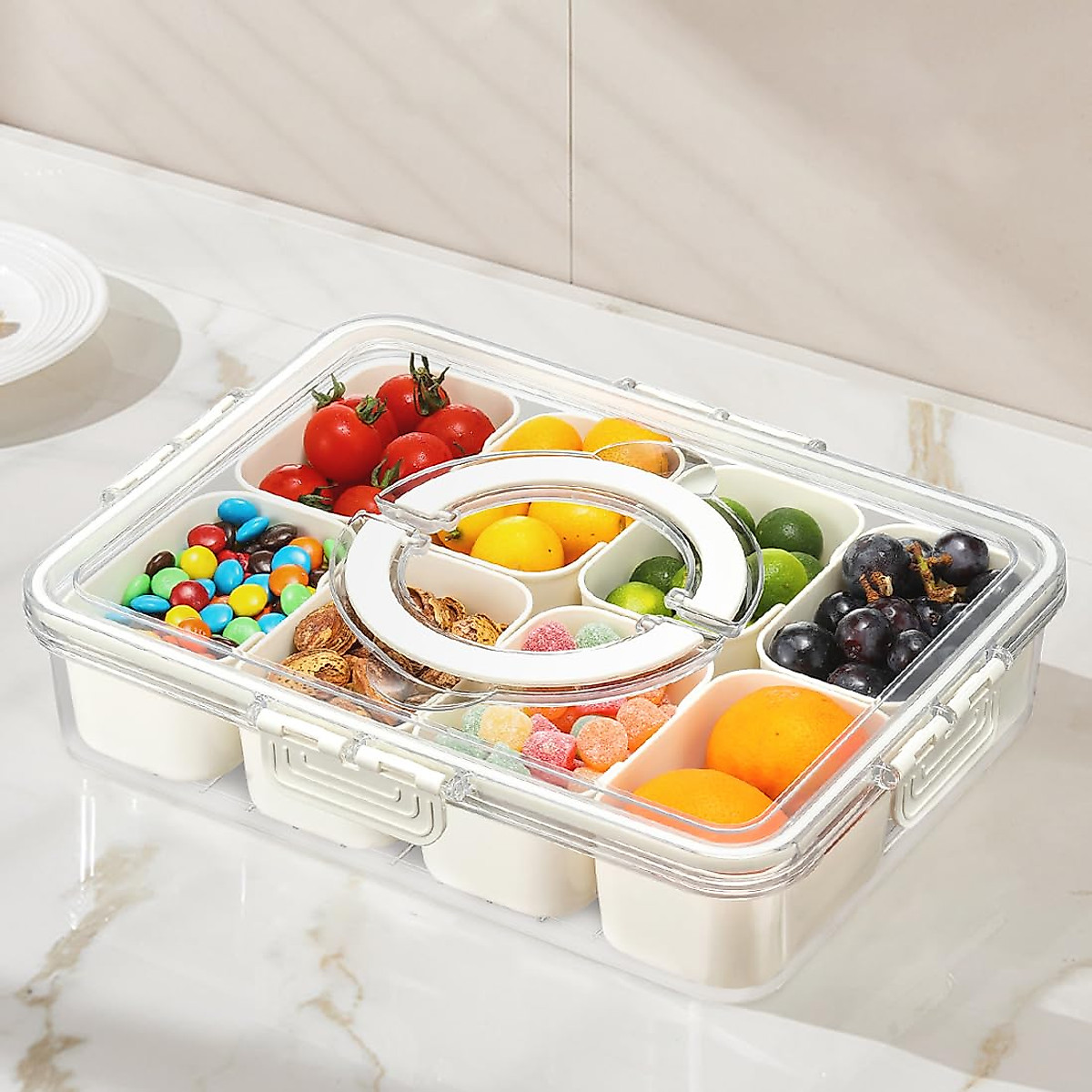 Snackle Box Container with Lid and Handle - 8 Compartments Divided Serving Tray, Portable Travel Snack Charcuterie Organizer for Candy, Fruits, Veggie and Snacks