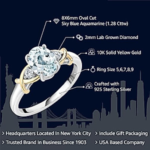 Gem Stone King 2 Tone 10K Yellow Gold and 925 Sterling Silver Sky Blue Aquamarine and White Lab Grown Diamond Ring For Women (1.28 Cttw, Available in Size 5,6,7,8,9)