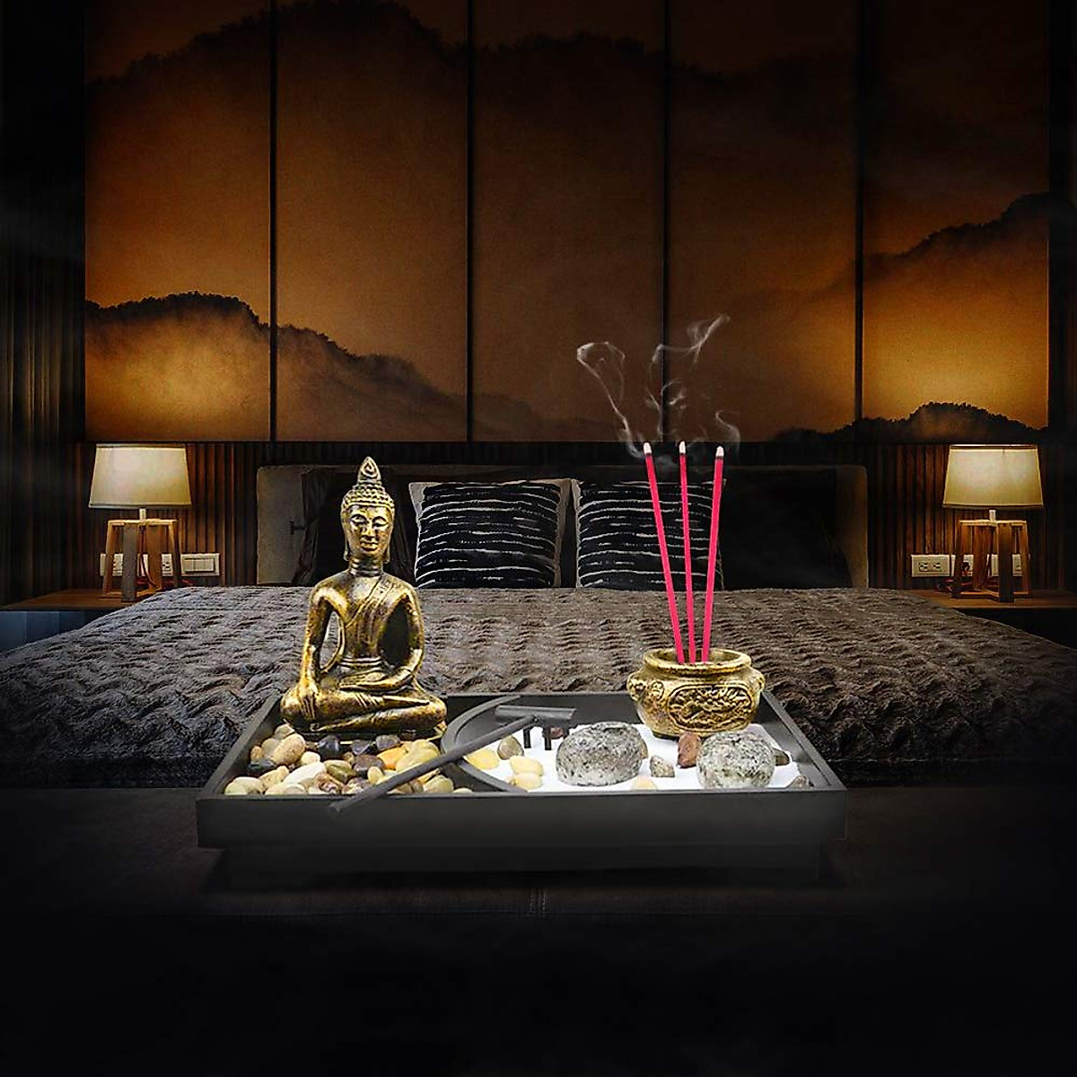 Royal Brands Zen Garden with Buddha, Rake, Rock Candle, and Incense Holder – Peace and Tranquility (9"x6"x7")