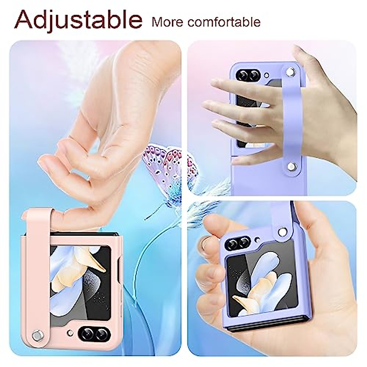 for Samsung Z Flip 5 Case with Wrist Strap, Anti-Drop Z Flip 5 Leather Case with Strap, Ultra-Thin PU Skin-Feel Flip 5 Case Anti-Scratch Shockproof Case for Samsung Galaxy Z Flip 5 5G 2023 (Pink)