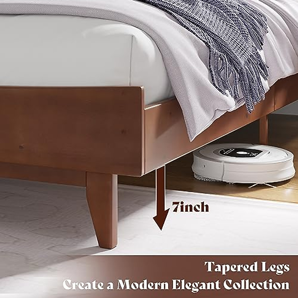 VanAcc Queen Size Solid Wood Bed Frame, Mid Century Platform Bed with Slatted Headboard, Wood Slat Support/No Box Spring Needed/Noise Free/Walnut