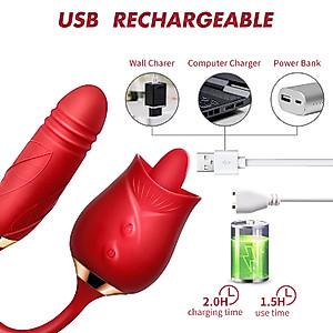 Rose Toy Vibrator for Woman - 3 in 1 Clitoral Stimulator Tongue Licking Thrusting G Spot Dildo 9 Modes, Adult Sex Toys Games , Clitoris Nipple Licker Women Man Couple, Red, 1.0 Count