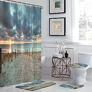 Tropical Ocean Summer Coastal Nautical Beach Theme bathroom Decor 4 Pcs Blue Shower Curtain Sea Sets, Sharks and Dolphins Durable Shower Curtain Toilet Lid Cover and Bath Mat with 12 Hooks, 72" x 72"