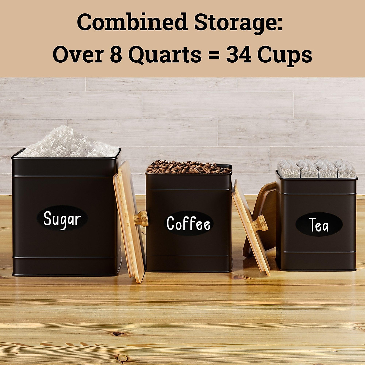 Kitchen Canisters for Countertop Set of 3 with Customizable Chalkboard Labels & Marker Pen - Big Iron Kitchen Canisters with Airtight Lids - Canisters Sets for the Kitchen - Black Kitchen Canister Set