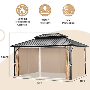 10X 12Ft Hardtop Gazebo Outdoor Gazebo Canopy Double Vented Roof Galvanized Steel Pergolas Aluminum Frame with Netting for Garden,Parties,Lawns and Patio