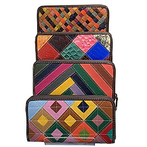 Segater® Women Multicolor Wallets Genuine Leather Colorful Splice Bag Card Holder Organizer Purses Zip Around Phone Clutch Large Long Purse